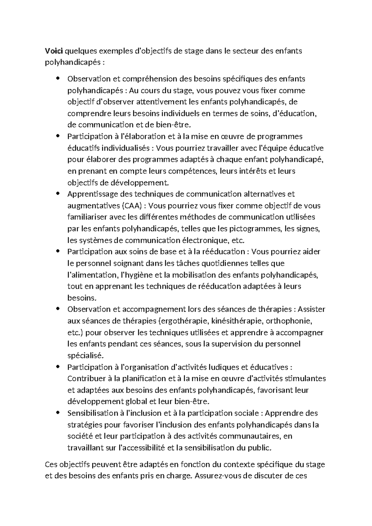 Voici quelques exemples d'objectifs de stage dans le secteur - Participation à l'élaboration et ...