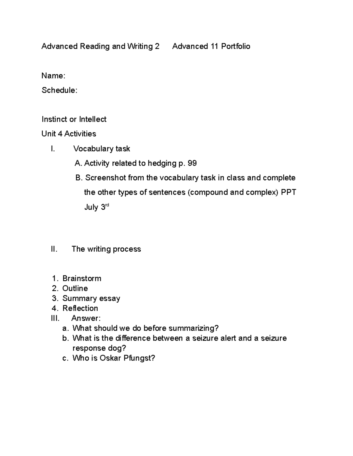 ARW2 Portfolio July 2023 - Advanced Reading and Writing 2 Advanced 11 ...
