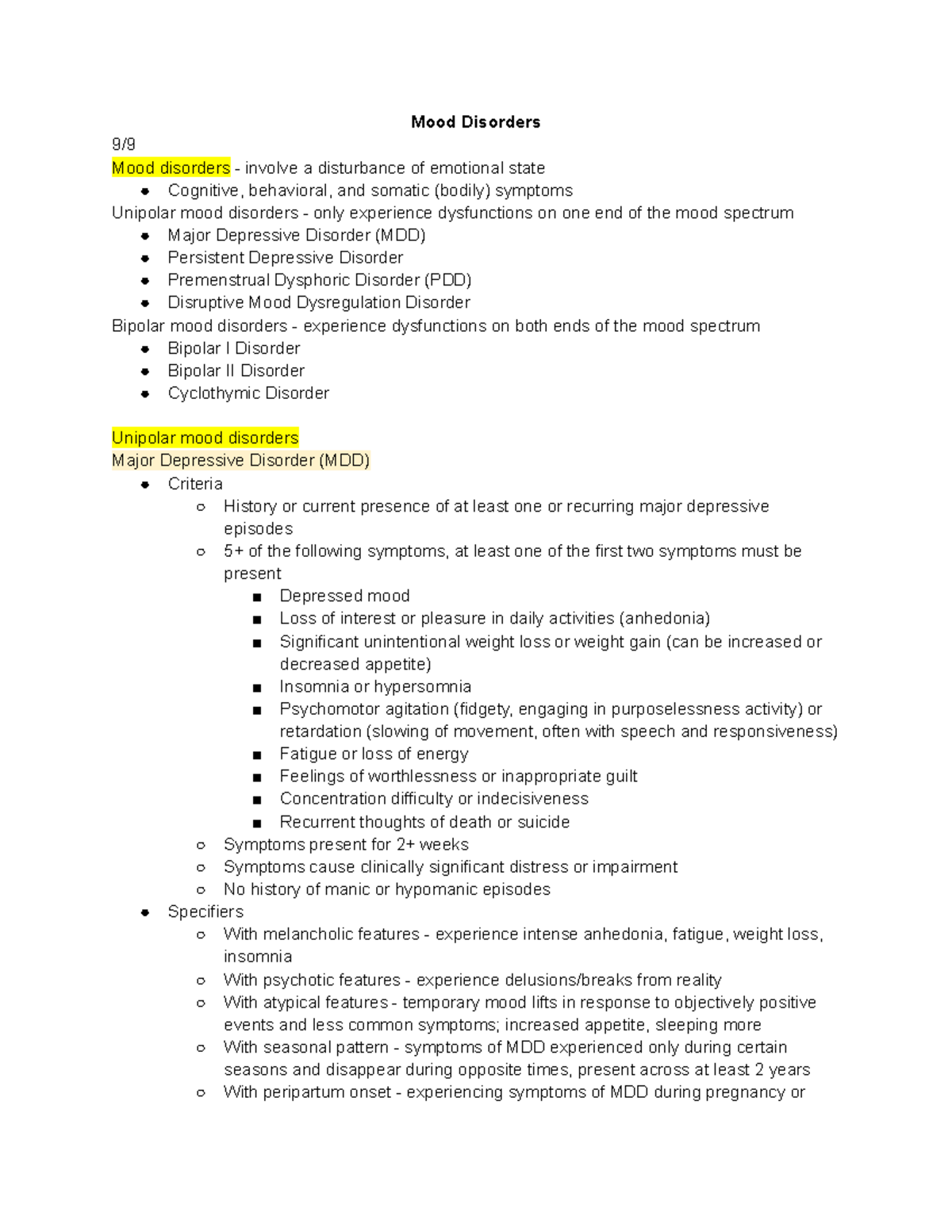 Mood Disorders - Fall 2022 Dr. Looby - Mood Disorders 9/ Mood disorders ...