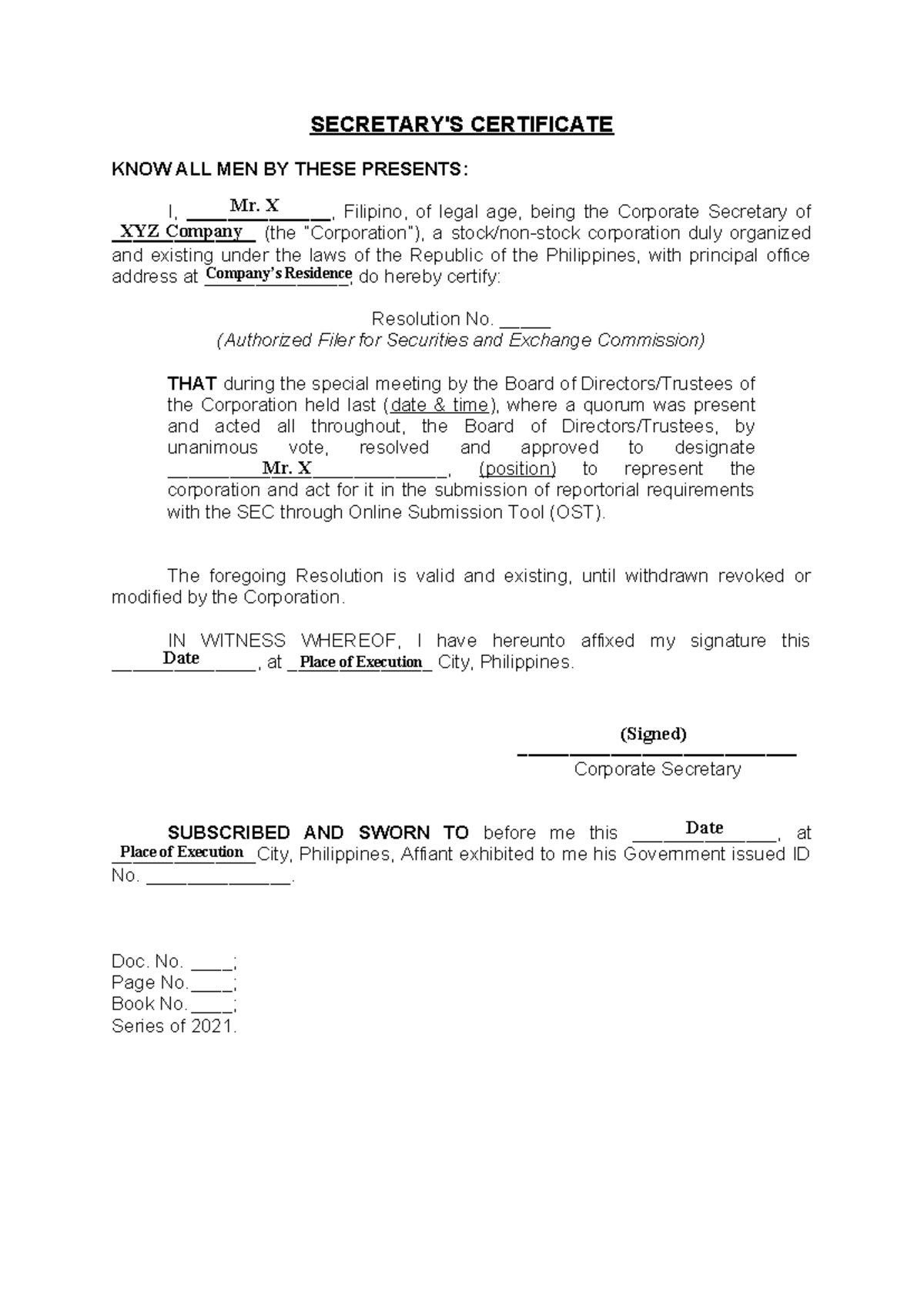 Secretary's Cert - Secretary's Certificate sample - SECRETARY'S ...