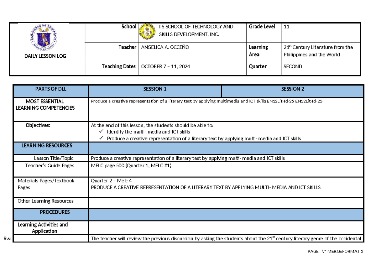 DLL- 9th week- 21ST - MAthematics - PARTS OF DLL SESSION 1 SESSION 2 ...