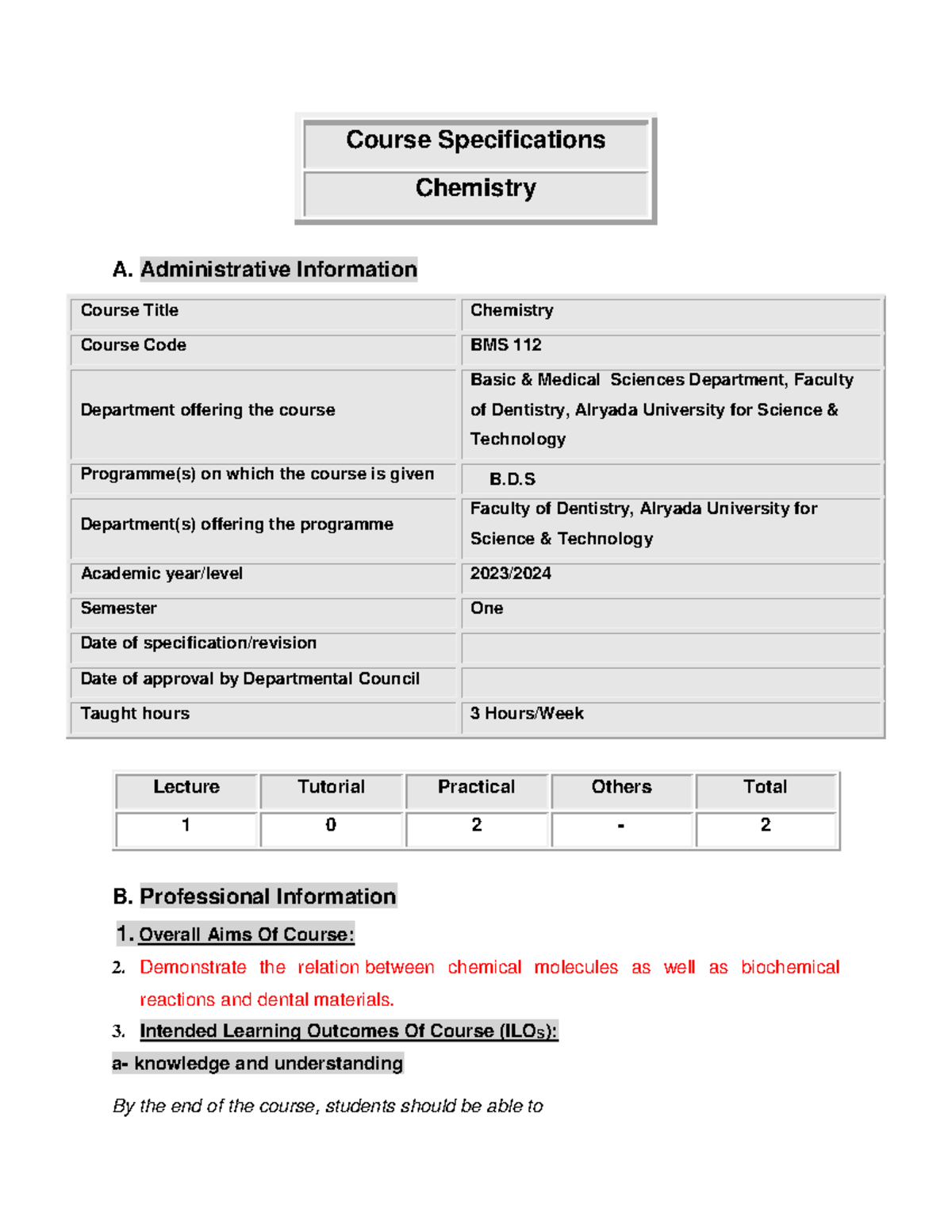 Course Specifications - Course Specifications Chemistry A ...
