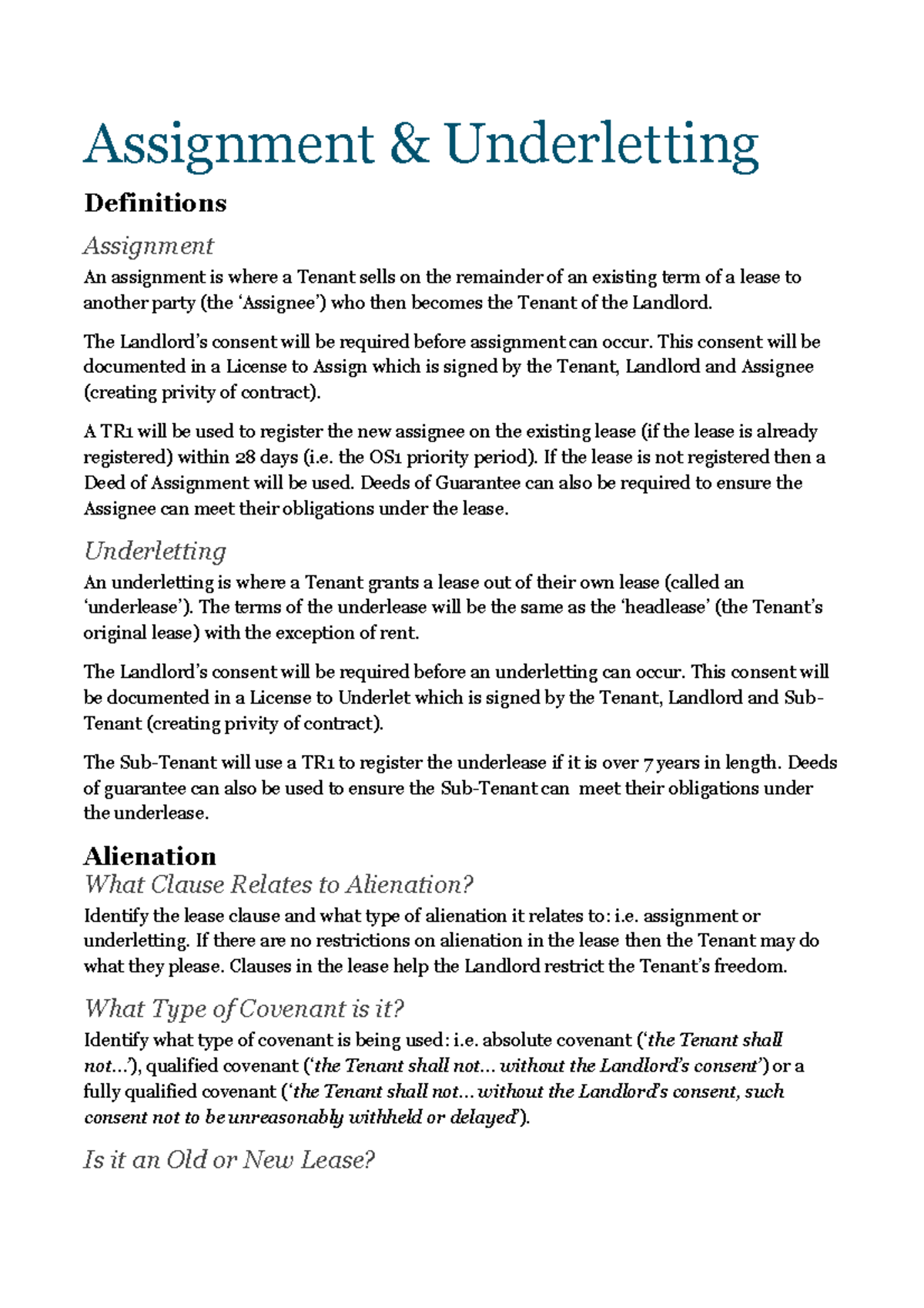 The Underletting of Assignments - Assignment & Underletting Definitions ...