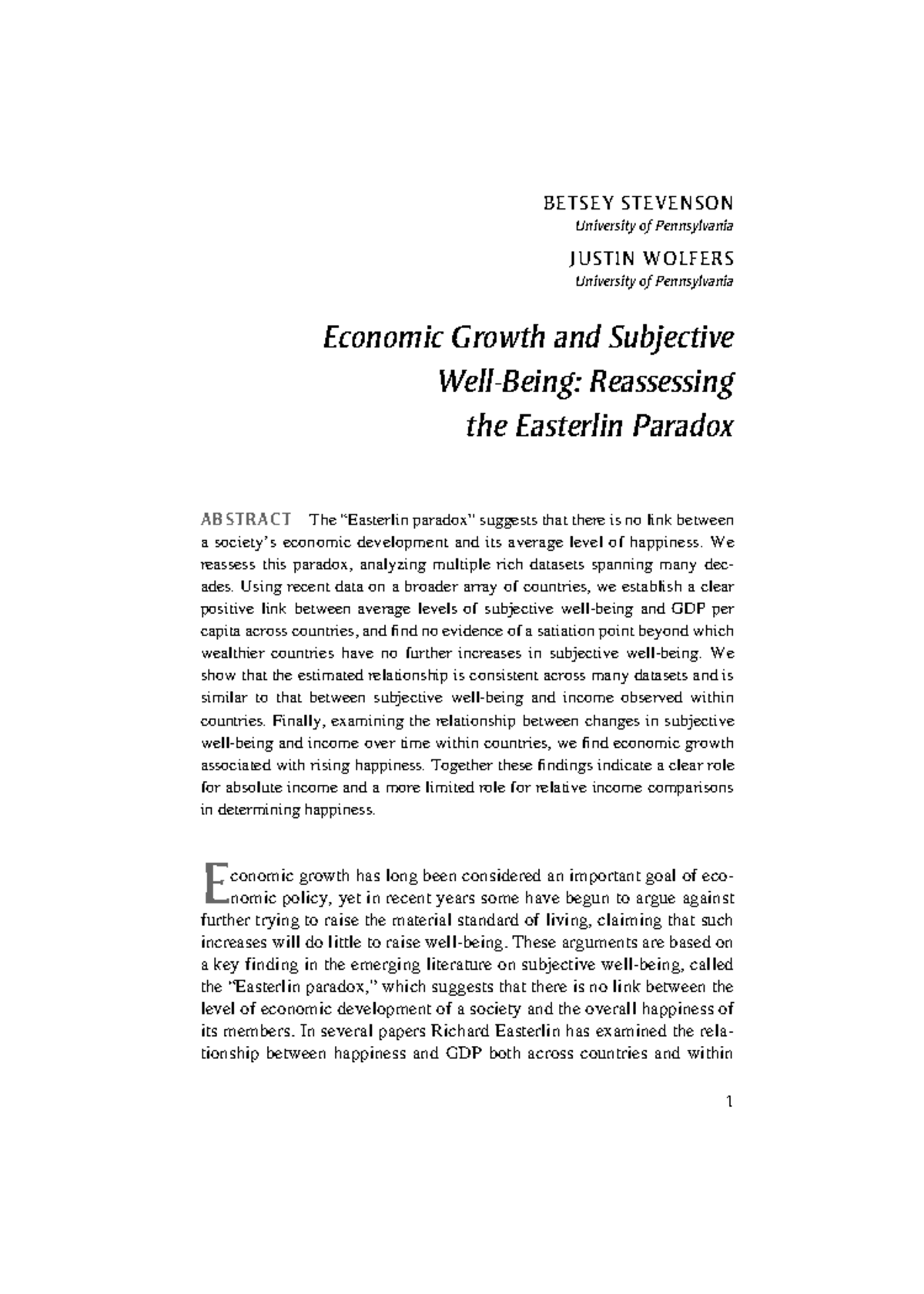 Easterlin Paradox - 1234 - 1 BETSEY STEVENSON University of ...