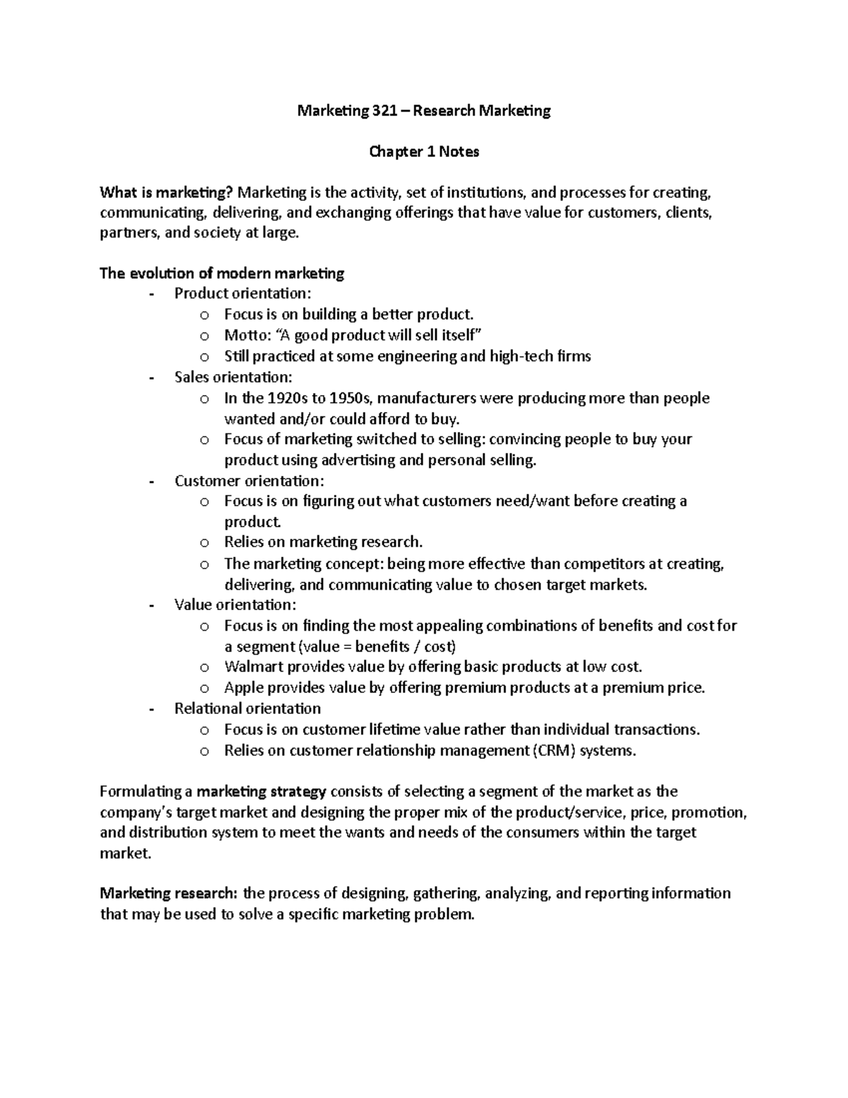 Marketing 321 Chapter 1 Notes Marketing 321 Research Marketing