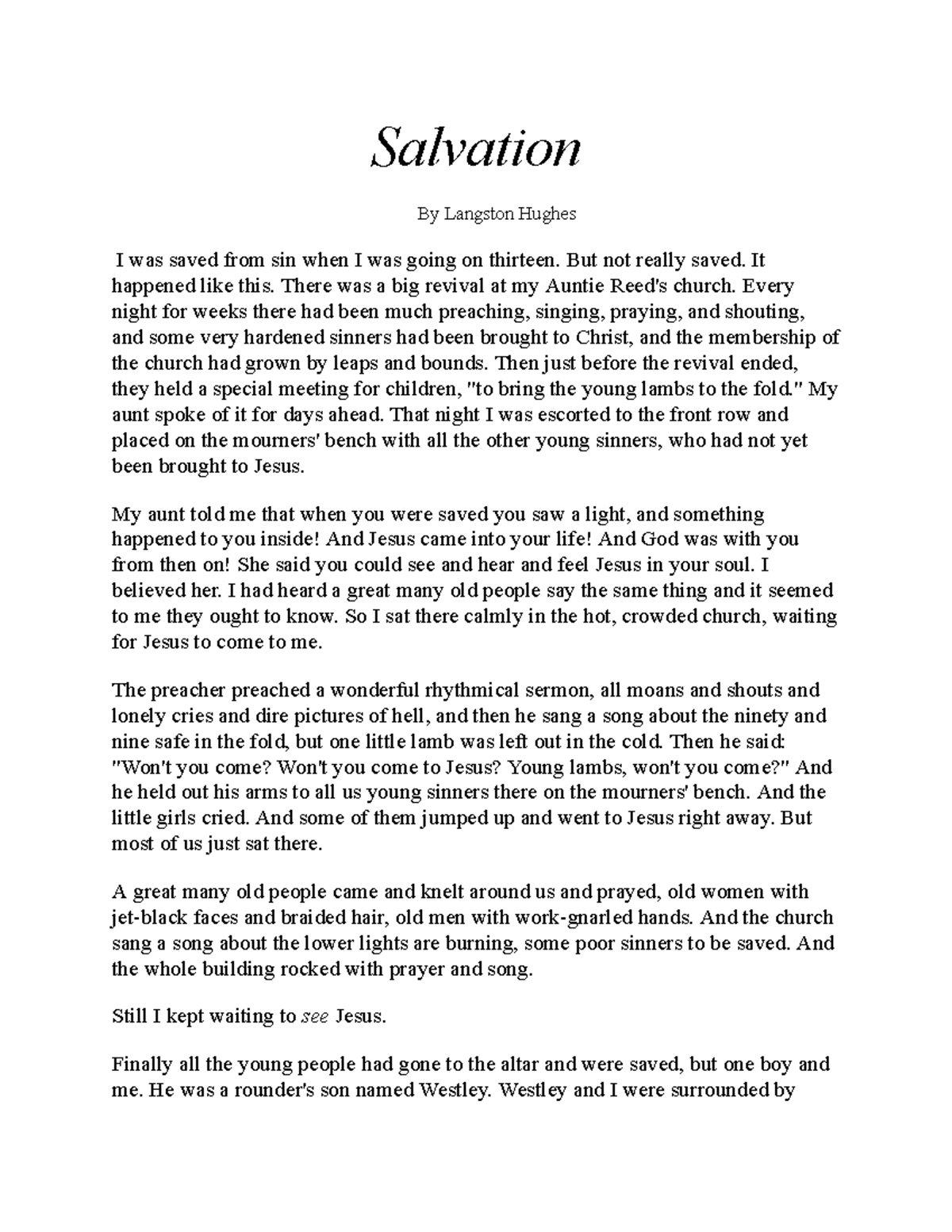 Langston Hughes Salvation - Salvation By Langston Hughes I was saved ...