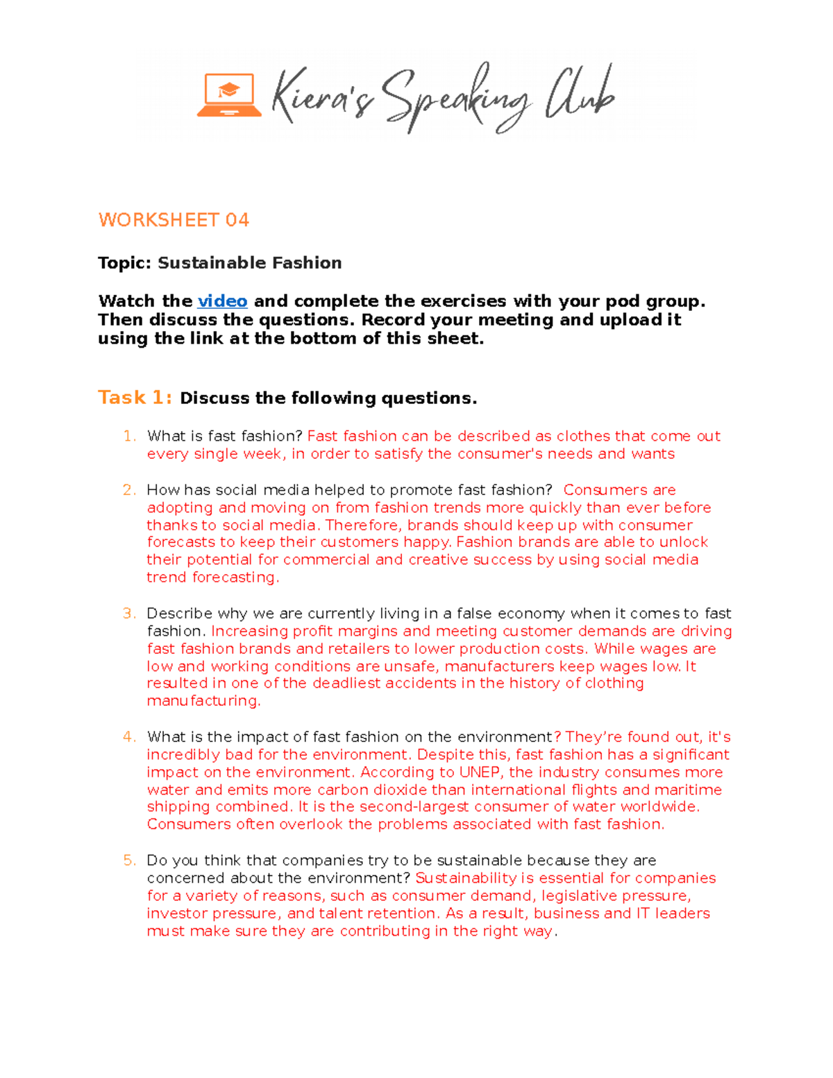 Worksheet 04 - Lecture - WORKSHEET 04 Topic: Sustainable Fashion Watch ...