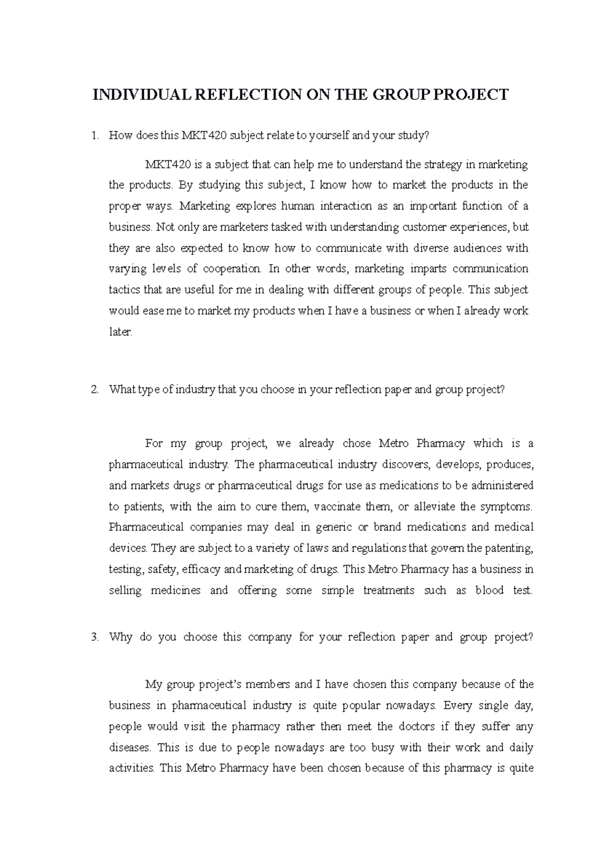 Individual Reflection - INDIVIDUAL REFLECTION ON THE GROUP PROJECT How ...