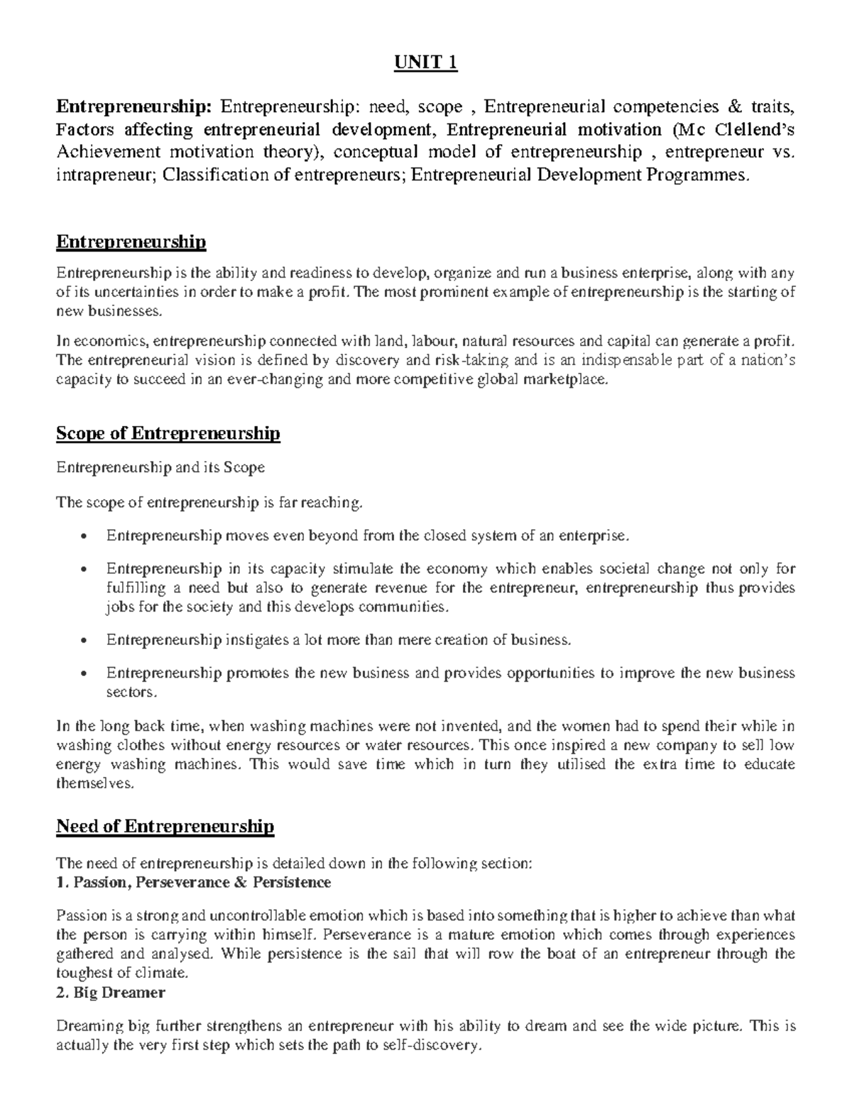 UNIT 1 Notes - UNIT 1 Entrepreneurship: Entrepreneurship: need, scope ...