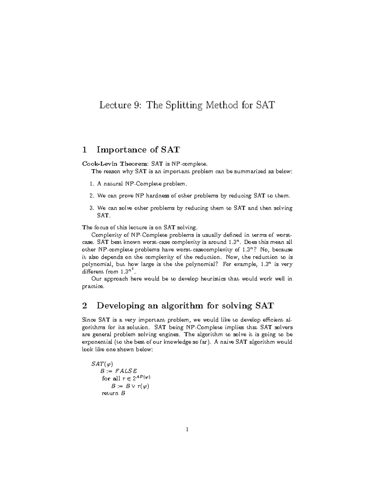 Lec9 - Lecture 9 (The Splitting Method for SAT) - Lecture 9: The ...