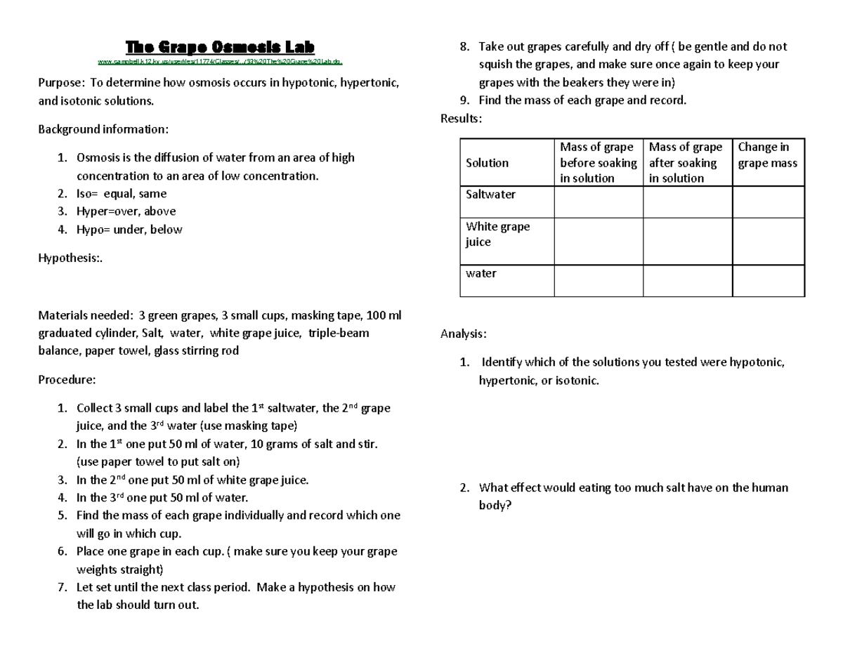 Osmosis and diffusion labs - The Grape Osmosis Lab - Studocu