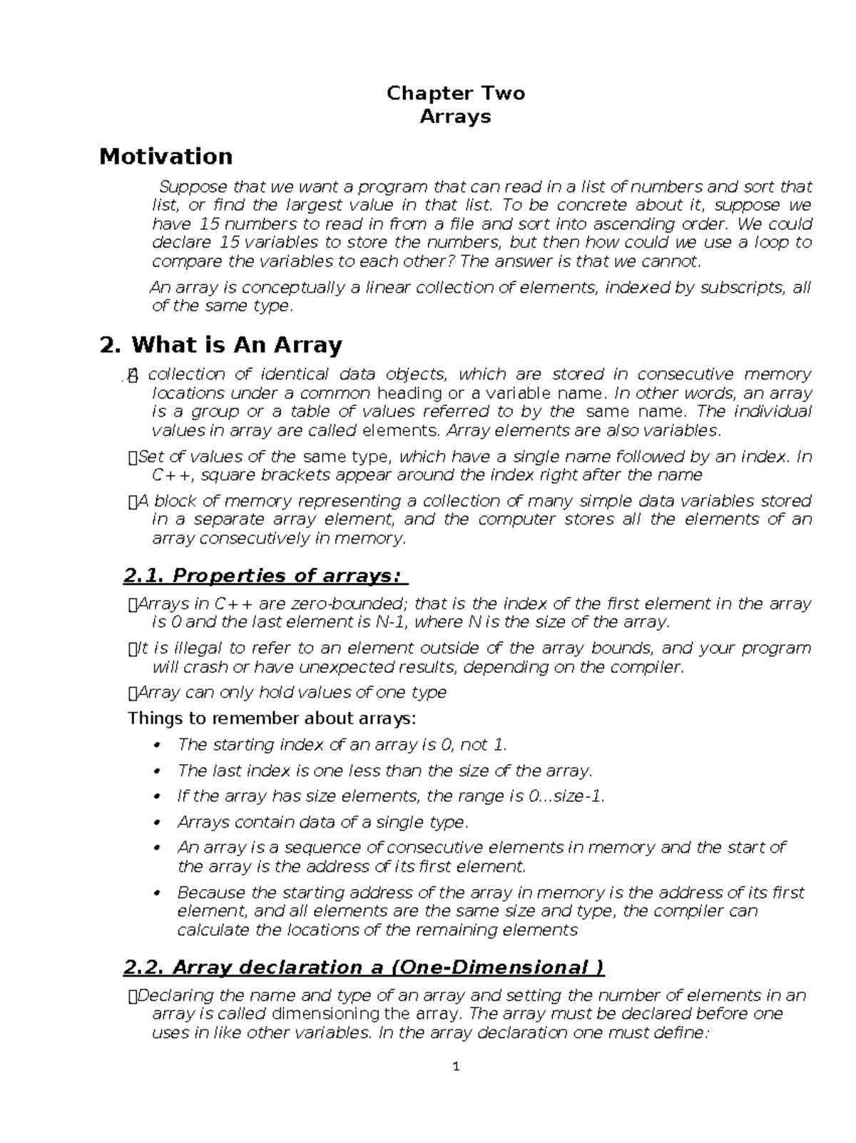 Chapter - 2 - Programming II - Chapter Two Arrays Motivation Suppose that we want a program that ...