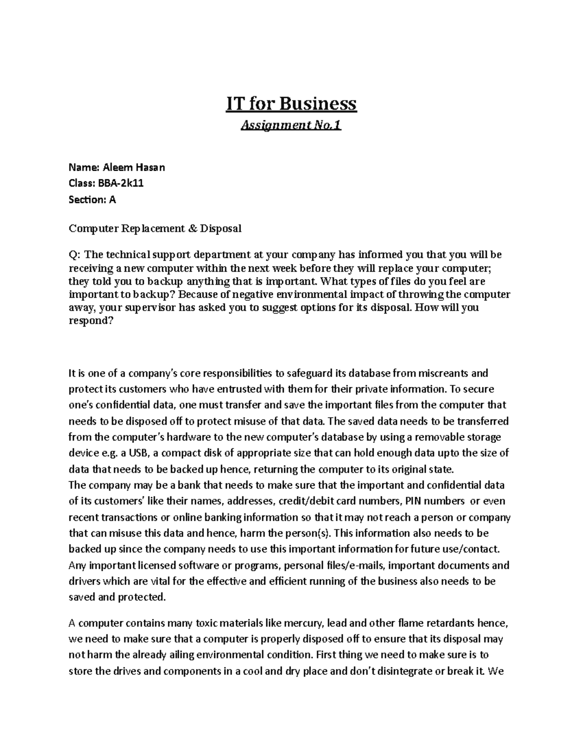 IT for Business- Individual Assignment - IT for Business Assignment No ...
