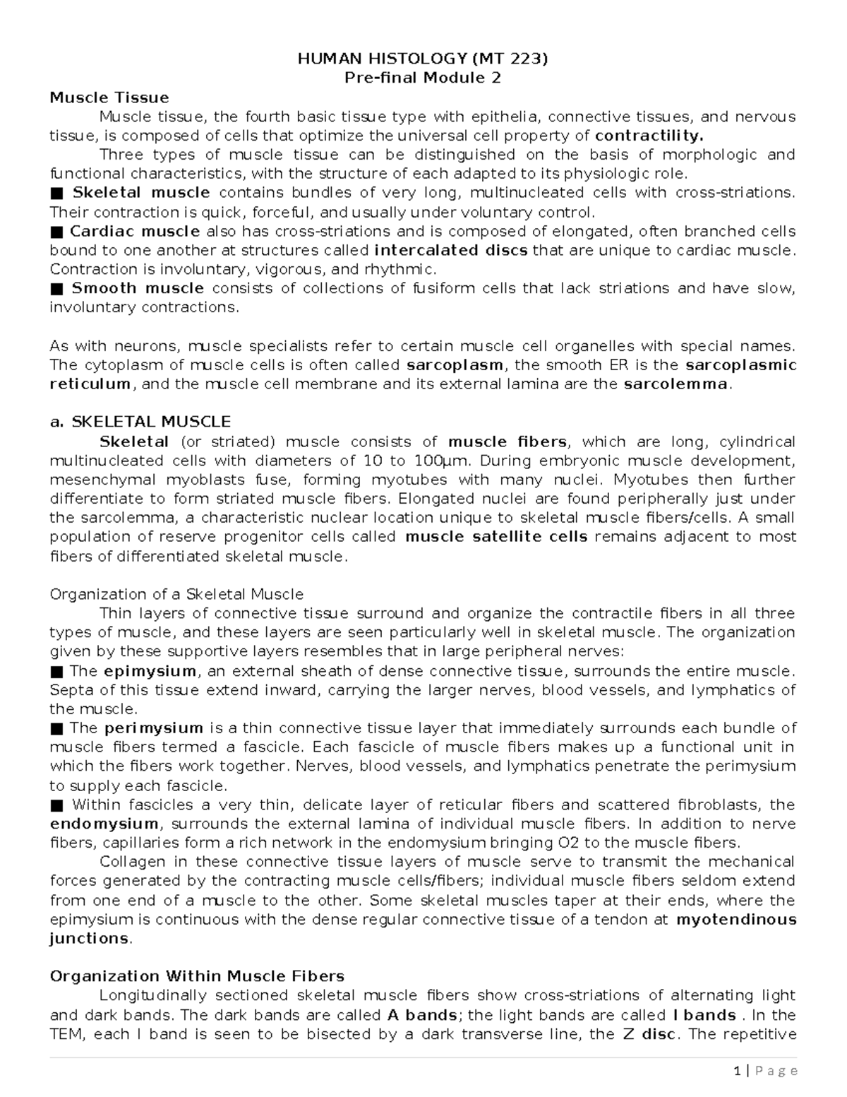 Human Histology Prefinal Modul 2 2 23 24 1 - HUMAN HISTOLOGY (MT 223) Pre-final Module 2 Muscle ...