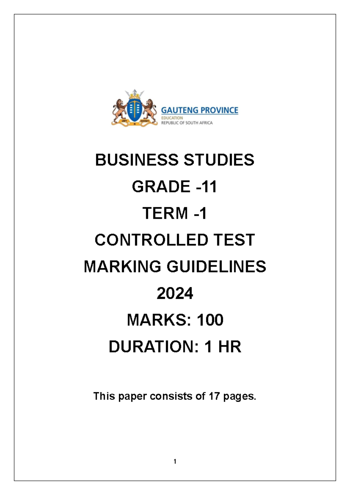 Business Studies Grade 11 Controlled TEST 1 Marking Guidelines ...