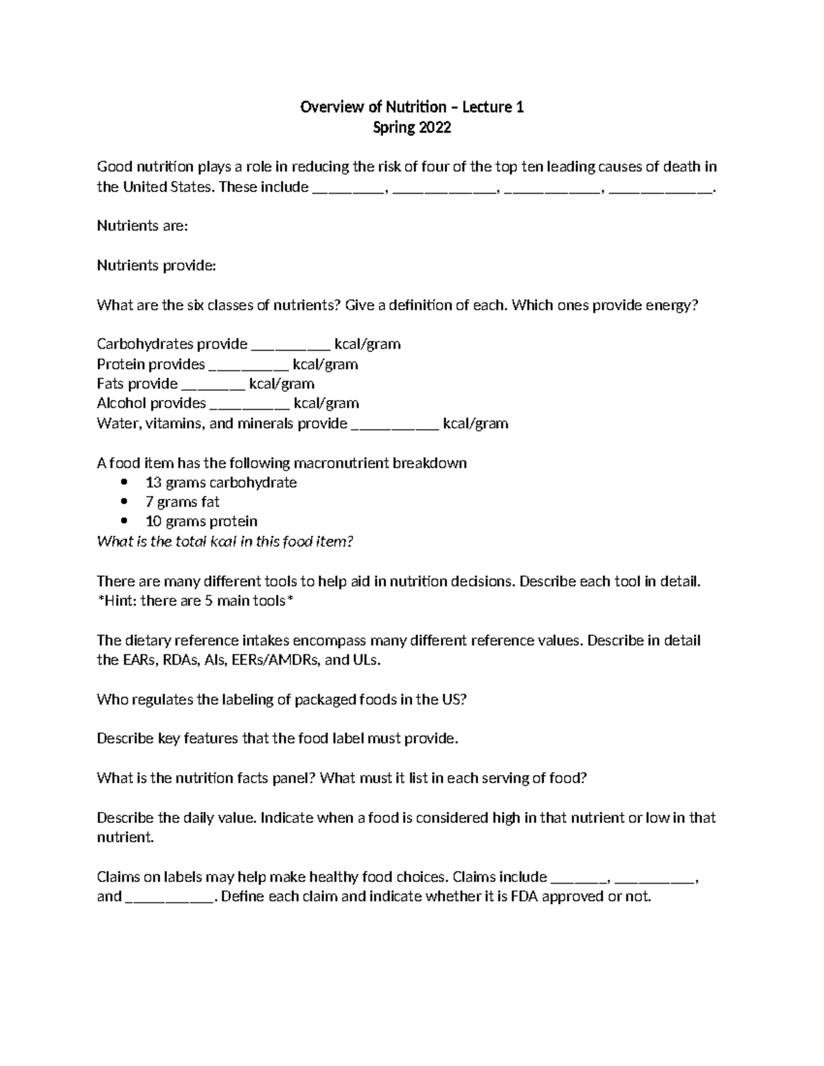 1. Overview of Nutrition - These include ...