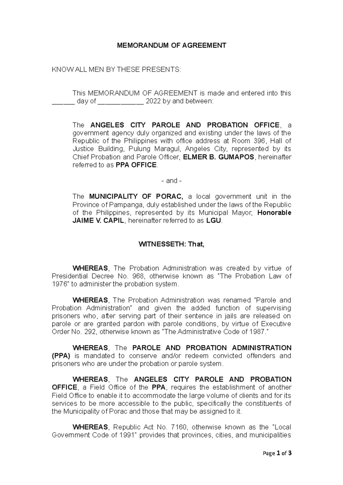 MOA - PPA - Porac draft - MOA - MEMORANDUM OF AGREEMENT KNOW ALL MEN BY ...