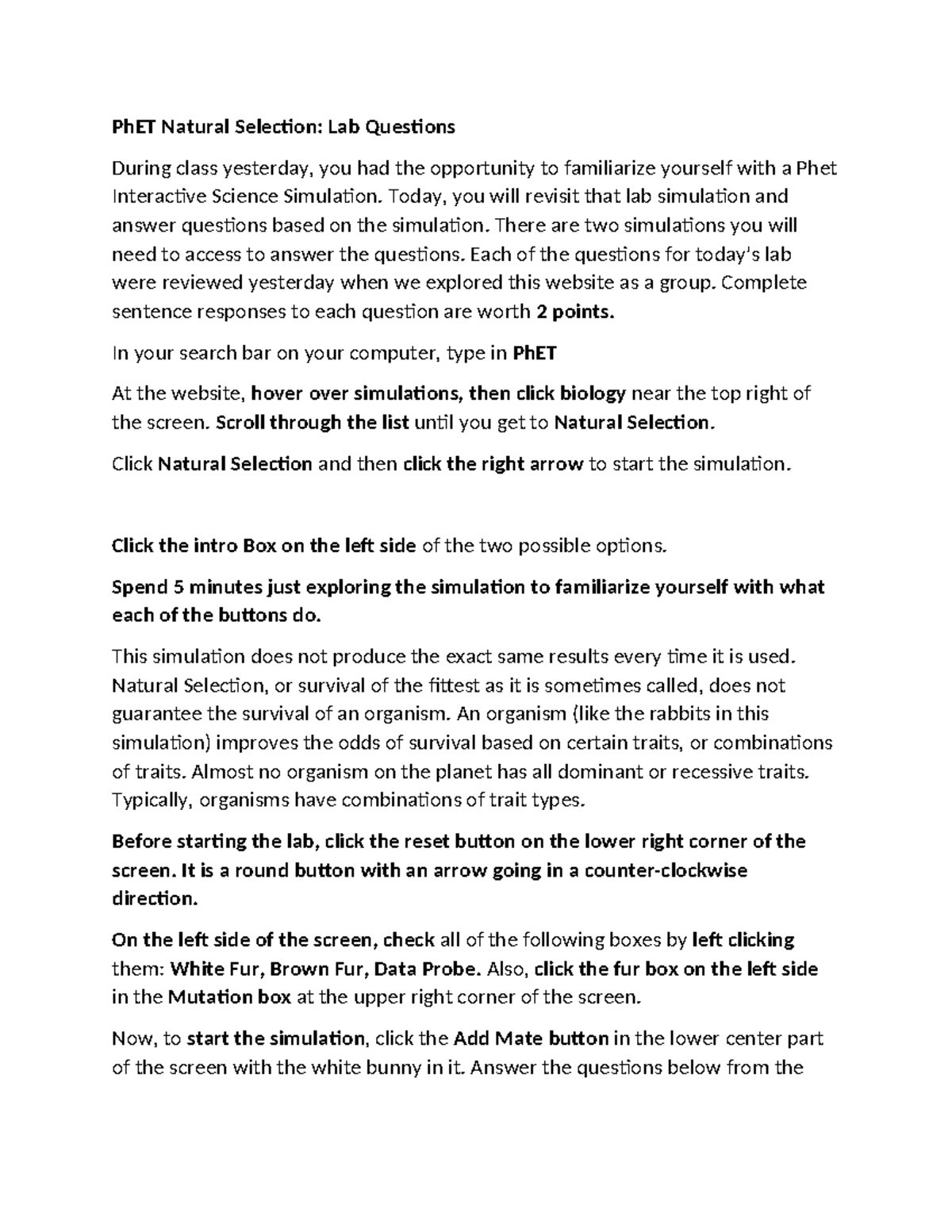 Natural Selection Lab Questions - PhET Natural Selection: Lab Questions During class yesterday ...