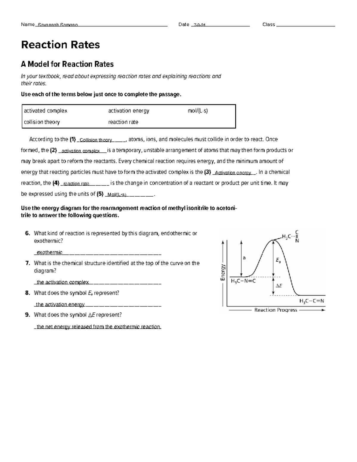 Module 15 Reaction Rates Study Guide - Reaction Rates A Model for ...