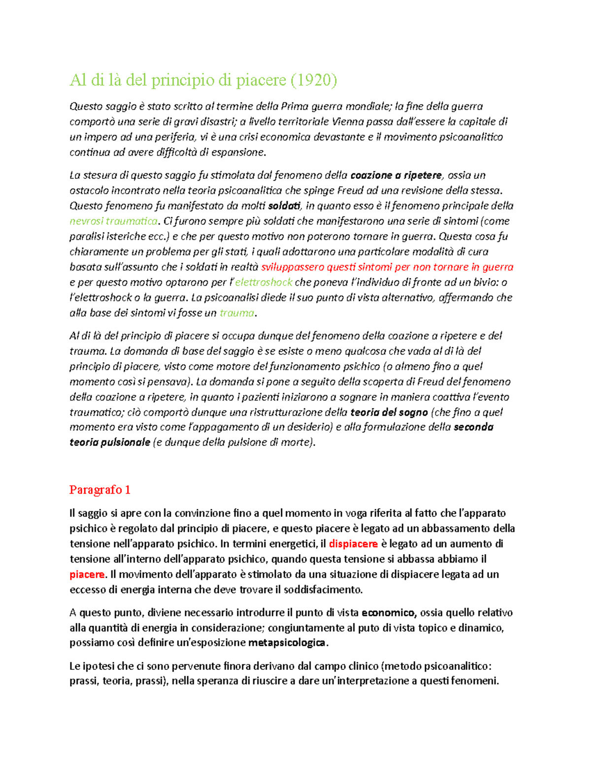 Al di la del principio di piacere - Freud; riassunto saggio - Al di là ...
