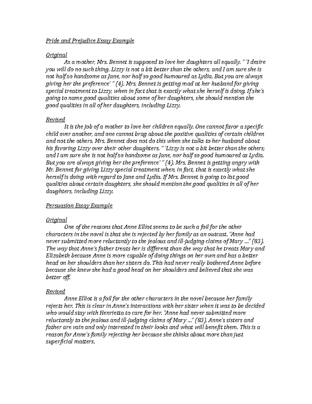 Primary Source Examples - Pride and Prejudice Essay Example Original As ...