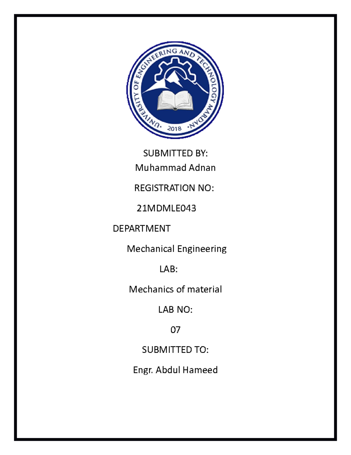 Lab # 07 - zsdd - SUBMITTED BY: Muhammad Adnan REGISTRATION NO: 21MDMLE ...