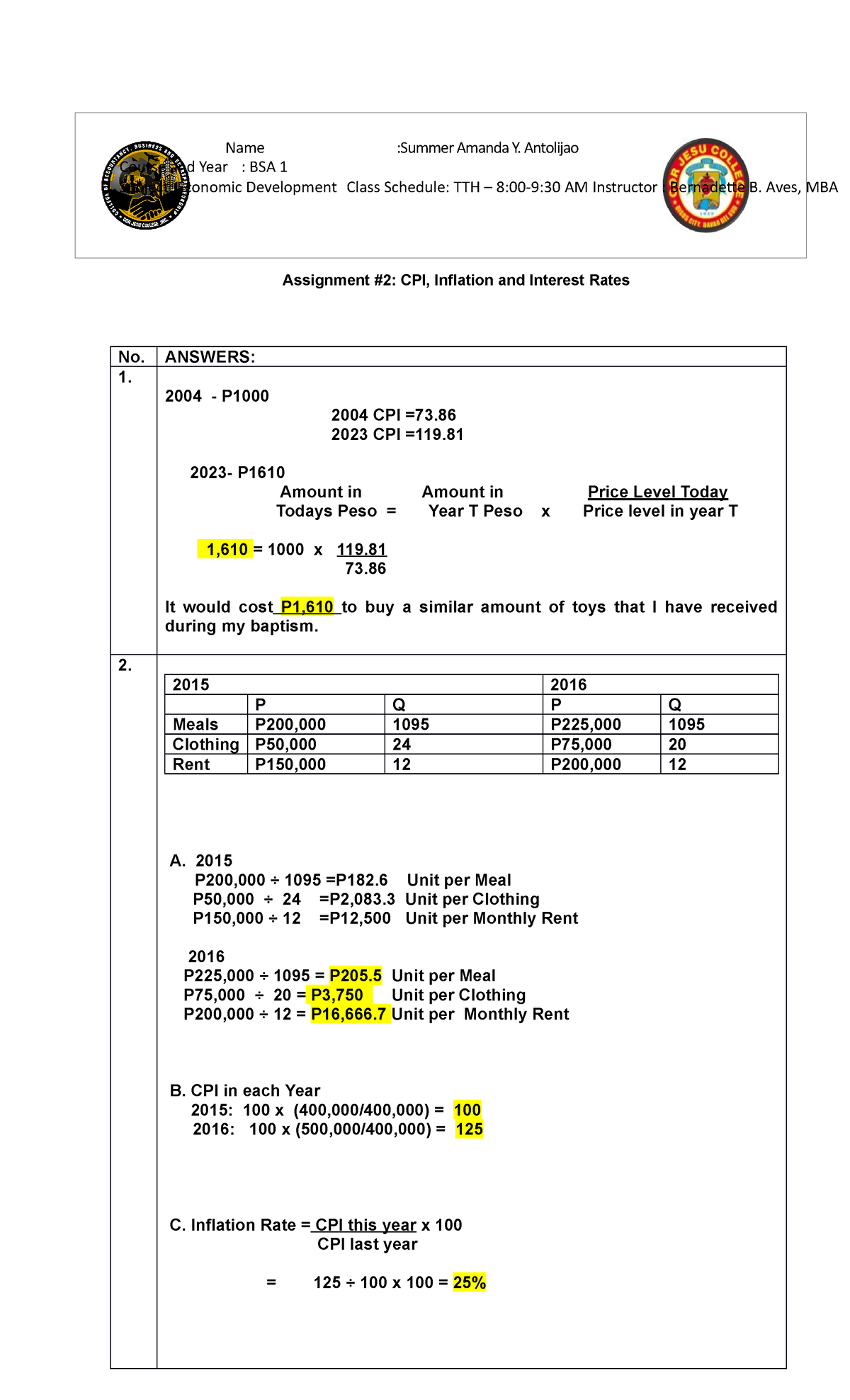 Ass 2 Econdev - Name :Summer Amanda Y. Antolijao Course and Year : BSA ...
