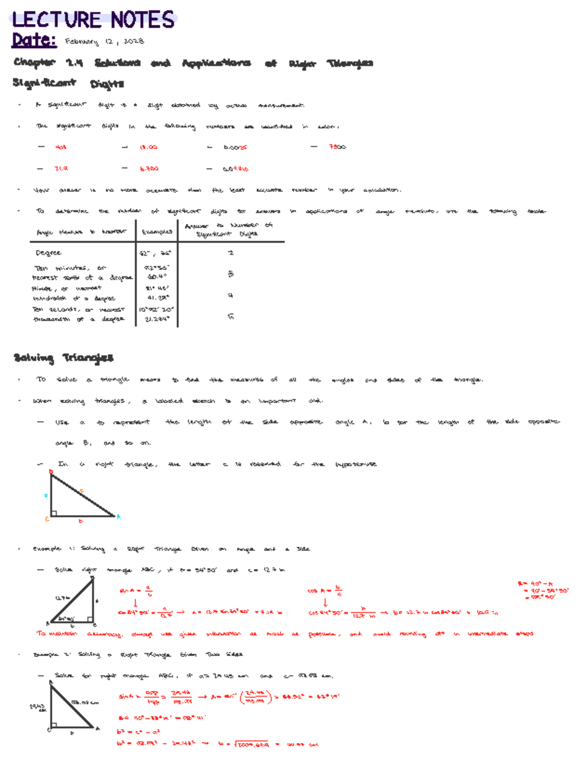 Chapter 2.4 Solutions and Applications of Right Triangles - C VP- S 30 ...