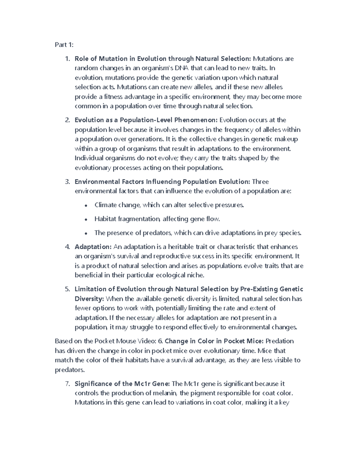 Part 1 - Lab - Part 1: 1. Role of Mutation in Evolution through Natural ...