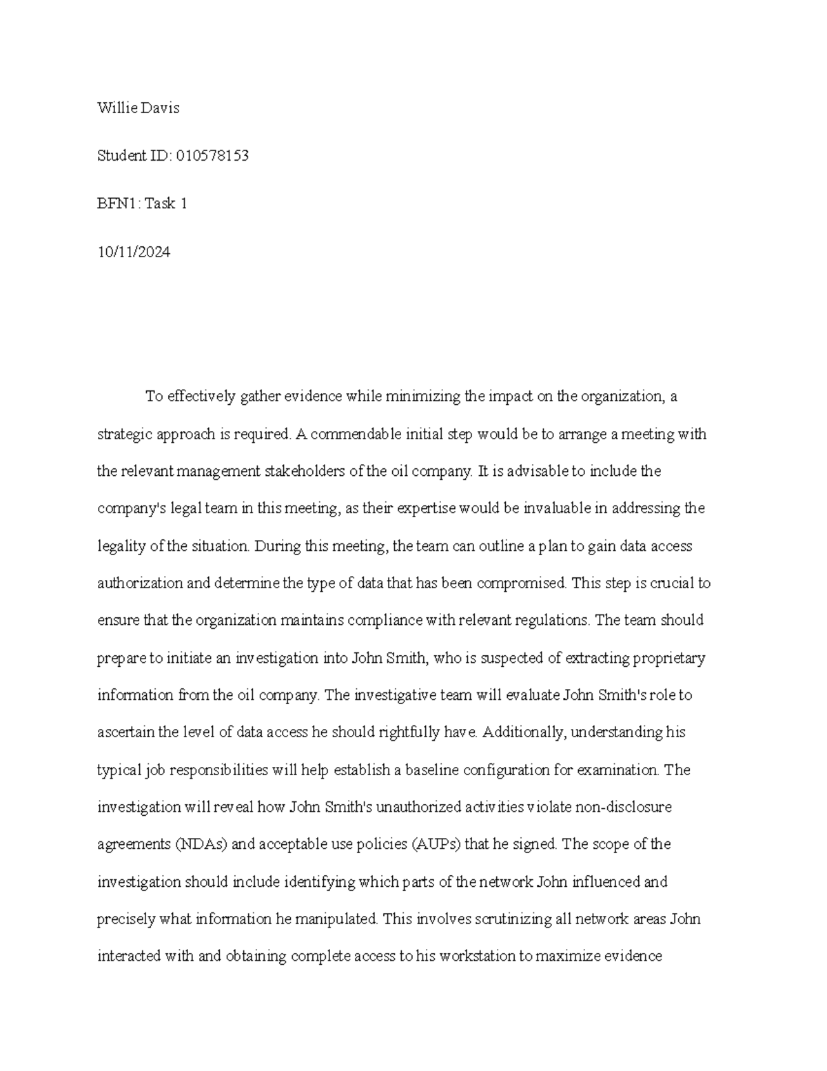 Case study - forensics breakdown - Willie Davis Student ID: 010578153 ...