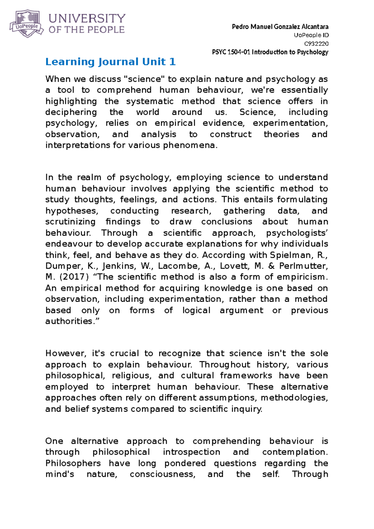 Learning Journal Unit 1 - Pedro Manuel Gonzalez Alcantara UoPeople ID C PSYC 1504-01 ...