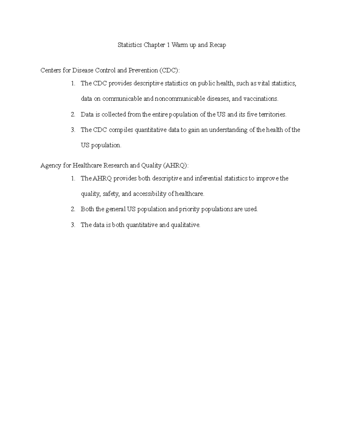Statistics Chapter 1 Warm up and Recap - Data is collected from the ...
