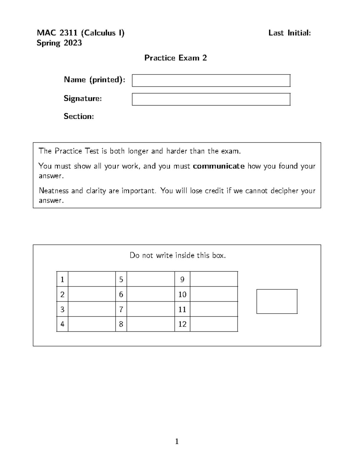 Practice Exam 2 updated - MAC 2311 (Calculus I) Last Initial: Spring ...
