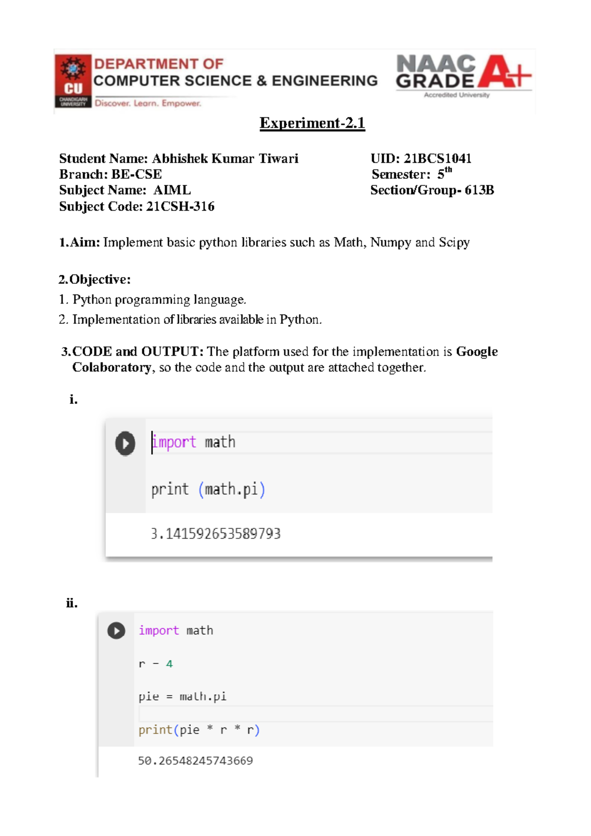 Abhishek 2.1 aiml - This worksheet is for AIML student - Experiment-2. Student Name: Abhishek ...