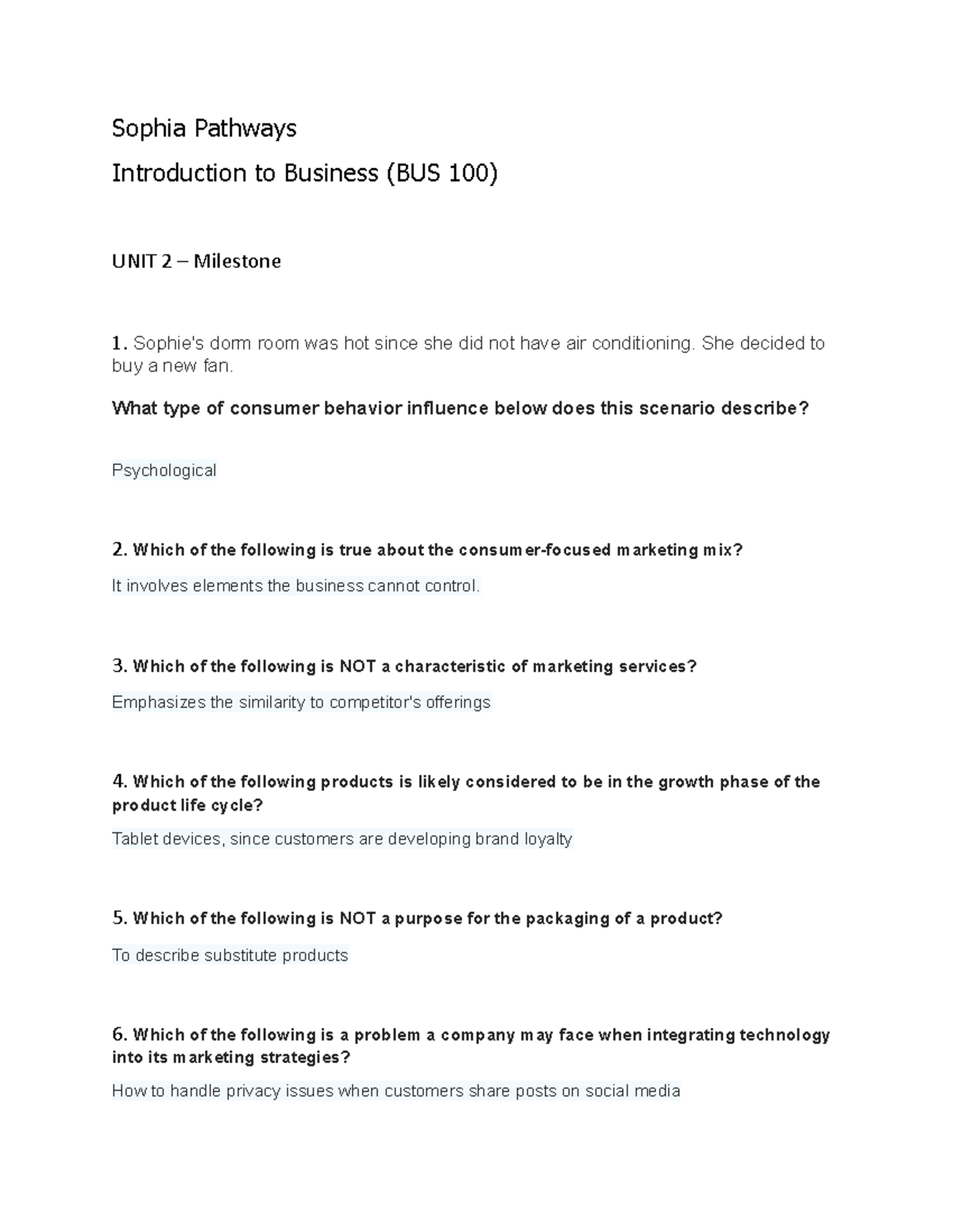 BUS 100 Unit 2 Milestone - Sophia Pathways Introduction to Business ...