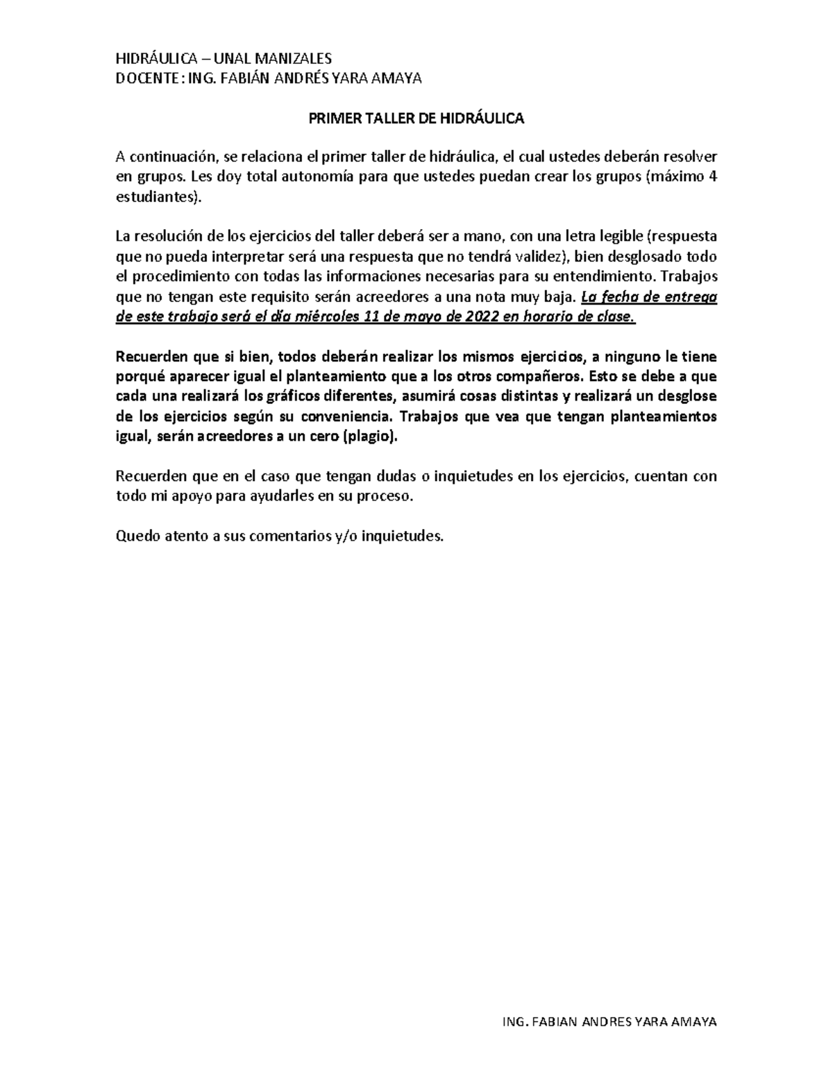 1 Taller Hidráulica Tuberías Y Sistemas De Presión Docente Ing