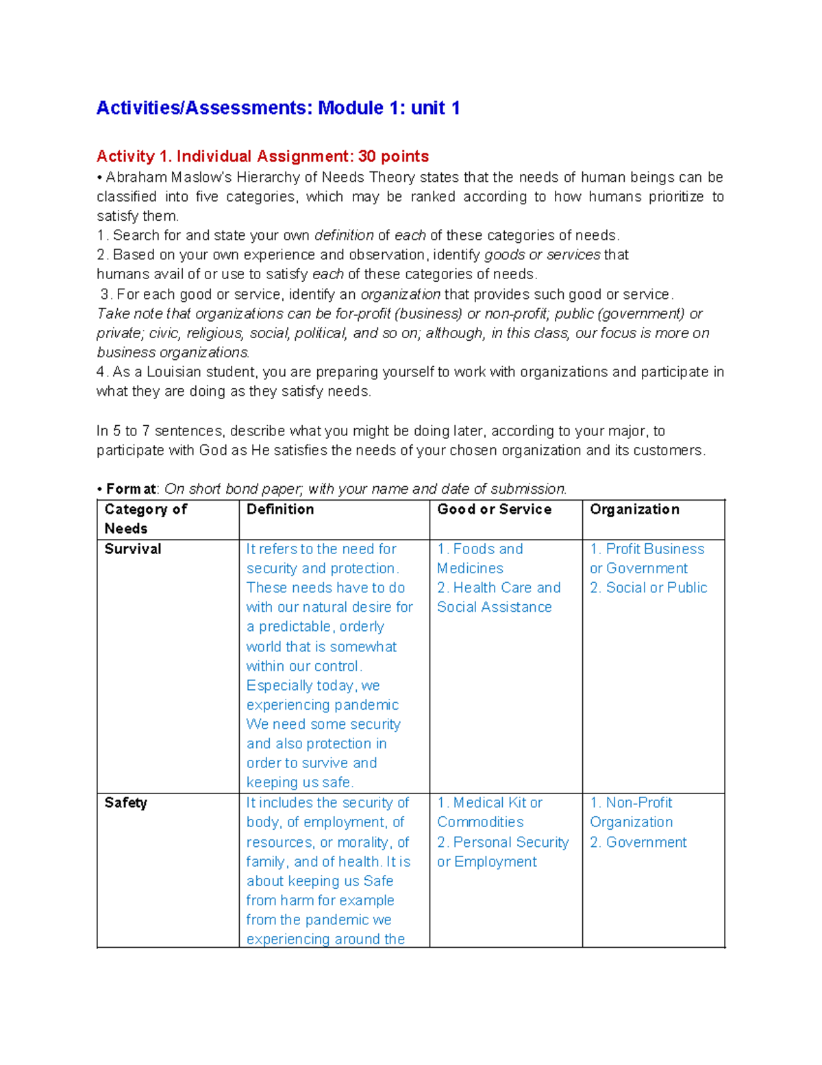 Activity 1 Module 1unit 1 - Activities/Assessments: Module 1: unit 1 ...