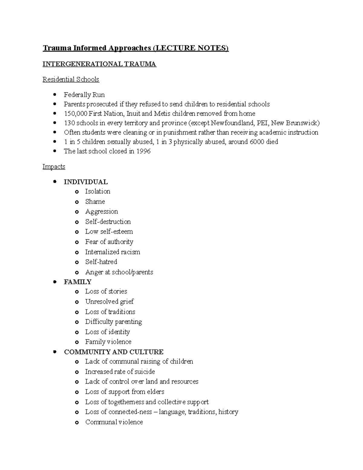 Trauma Informed Approaches - Lecture Notes - Intergenerational Trauma ...