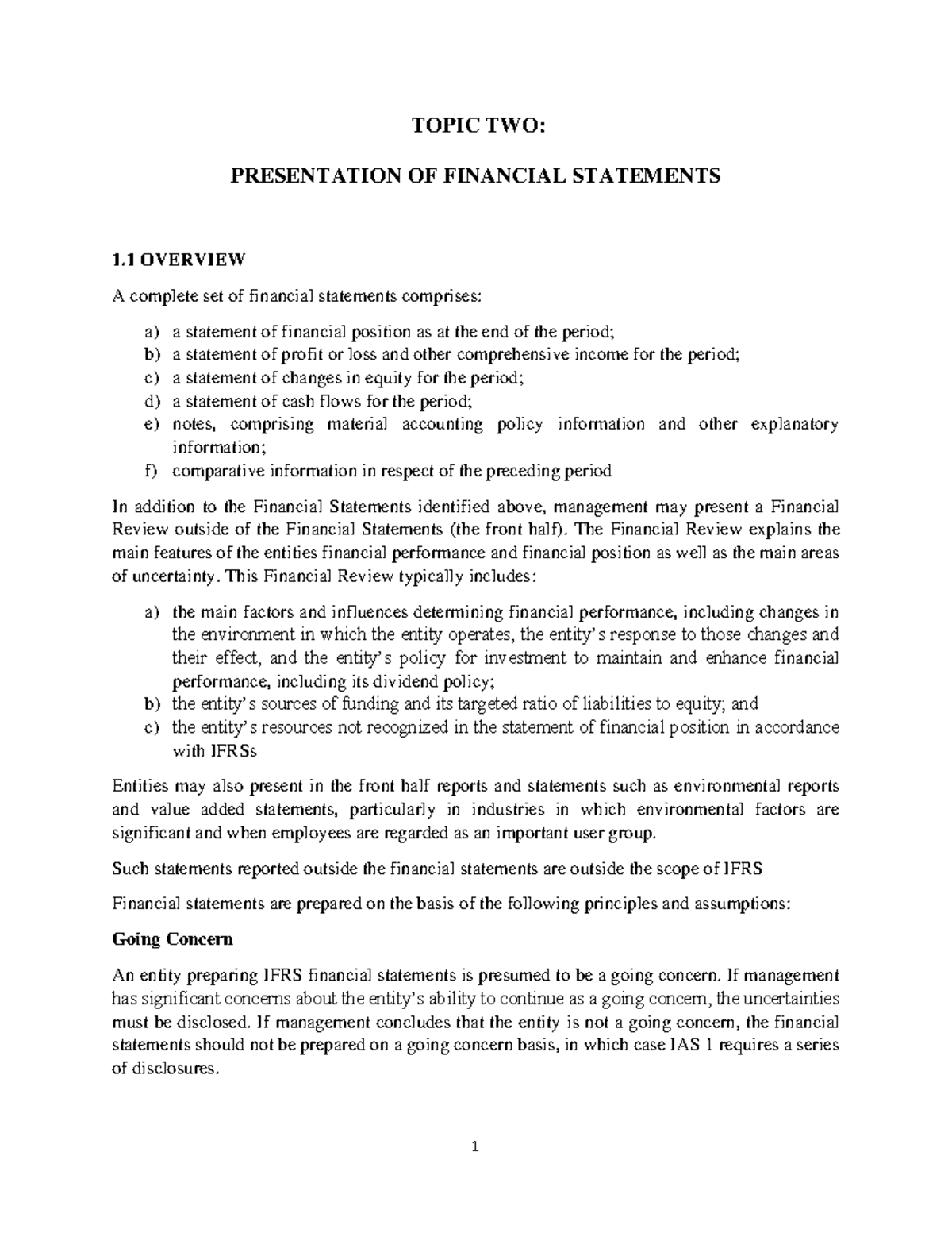 Presentation OF Financial Statements - TOPIC TWO: PRESENTATION OF ...