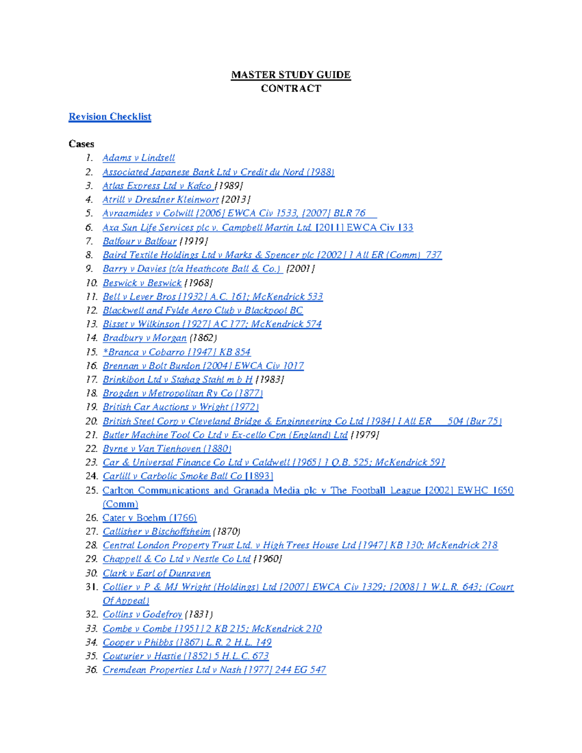 Contract study guide 1 - MASTER STUDY GUIDE CONTRACT Revision Checklist ...