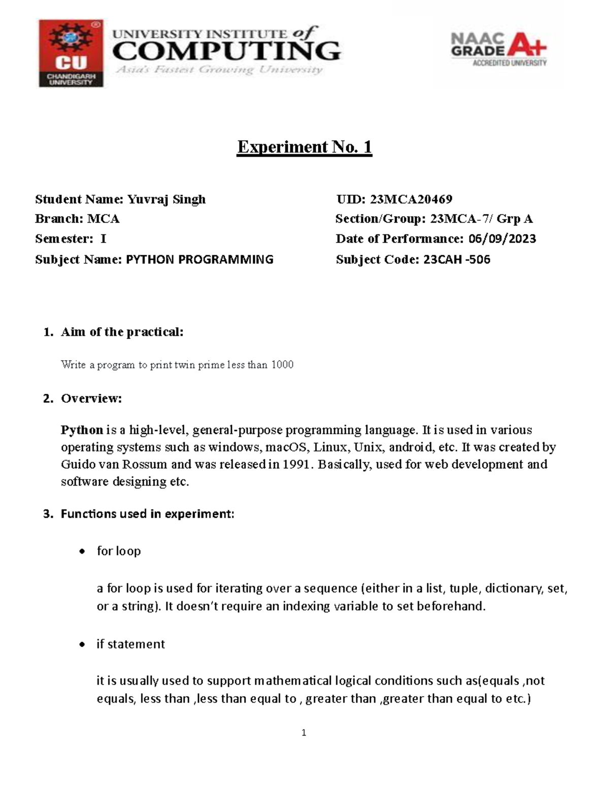 Experiment 1 - 1 Student Name: Yuvraj Singh UID: 23MCA Branch: MCA Section/Group: 23MCA-7/ Grp A ...