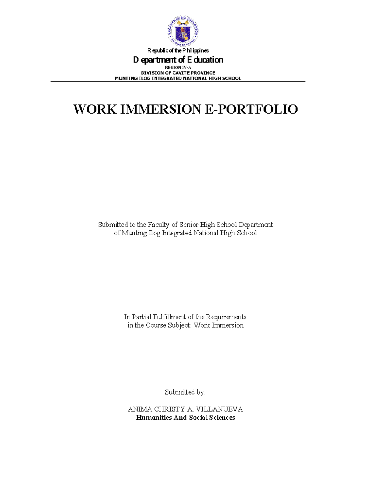 Work Immersion E-portfolio for SHS students - WORK IMMERSION E ...