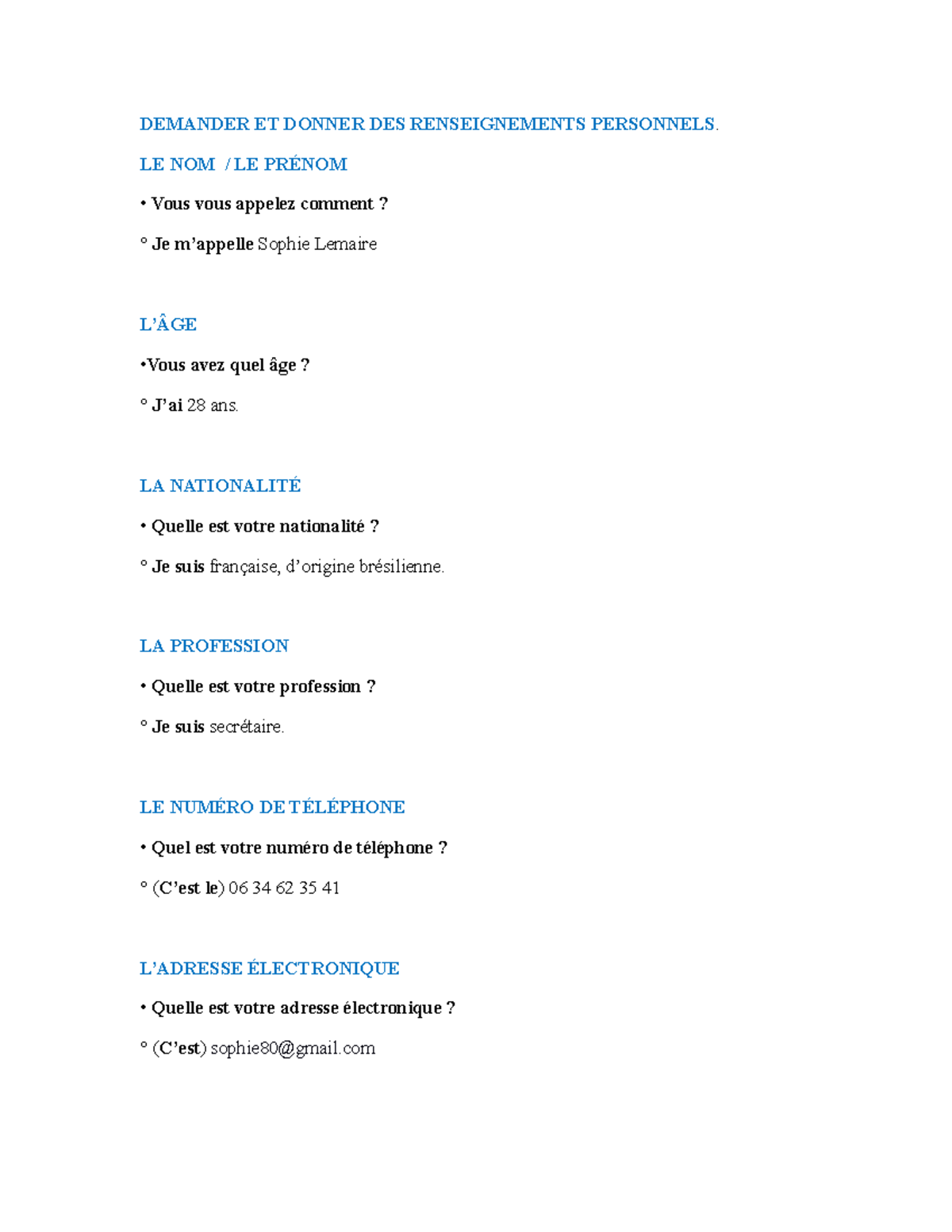 Presenting someone - DEMANDER ET DONNER DES RENSEIGNEMENTS PERSONNELS ...