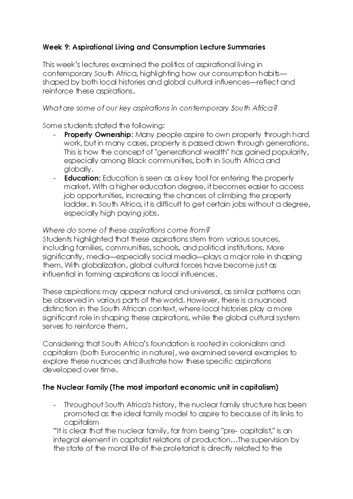 Week 9 Lecture Summaries - Copy - Week 9: Aspirational Living and Consumption Lecture Summaries ...