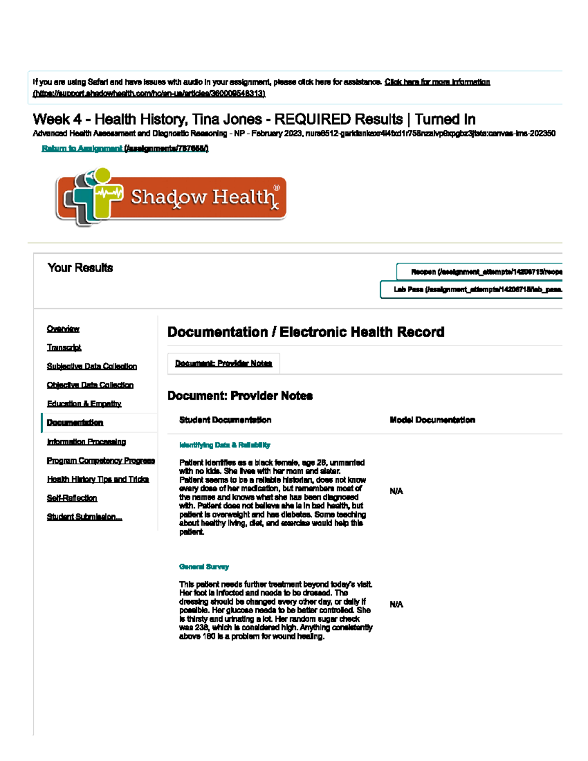 WK4Assgn 2 Tina Jones Shadow Health Student documentation - NURS 6512 ...