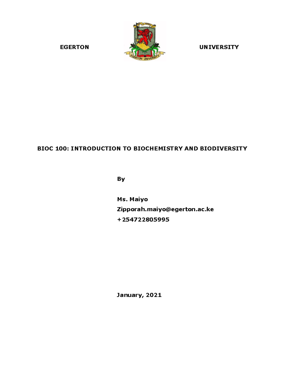 Introduction to Biochemistry and biodiversity - EGERTON UNIVERSITY BIOC ...