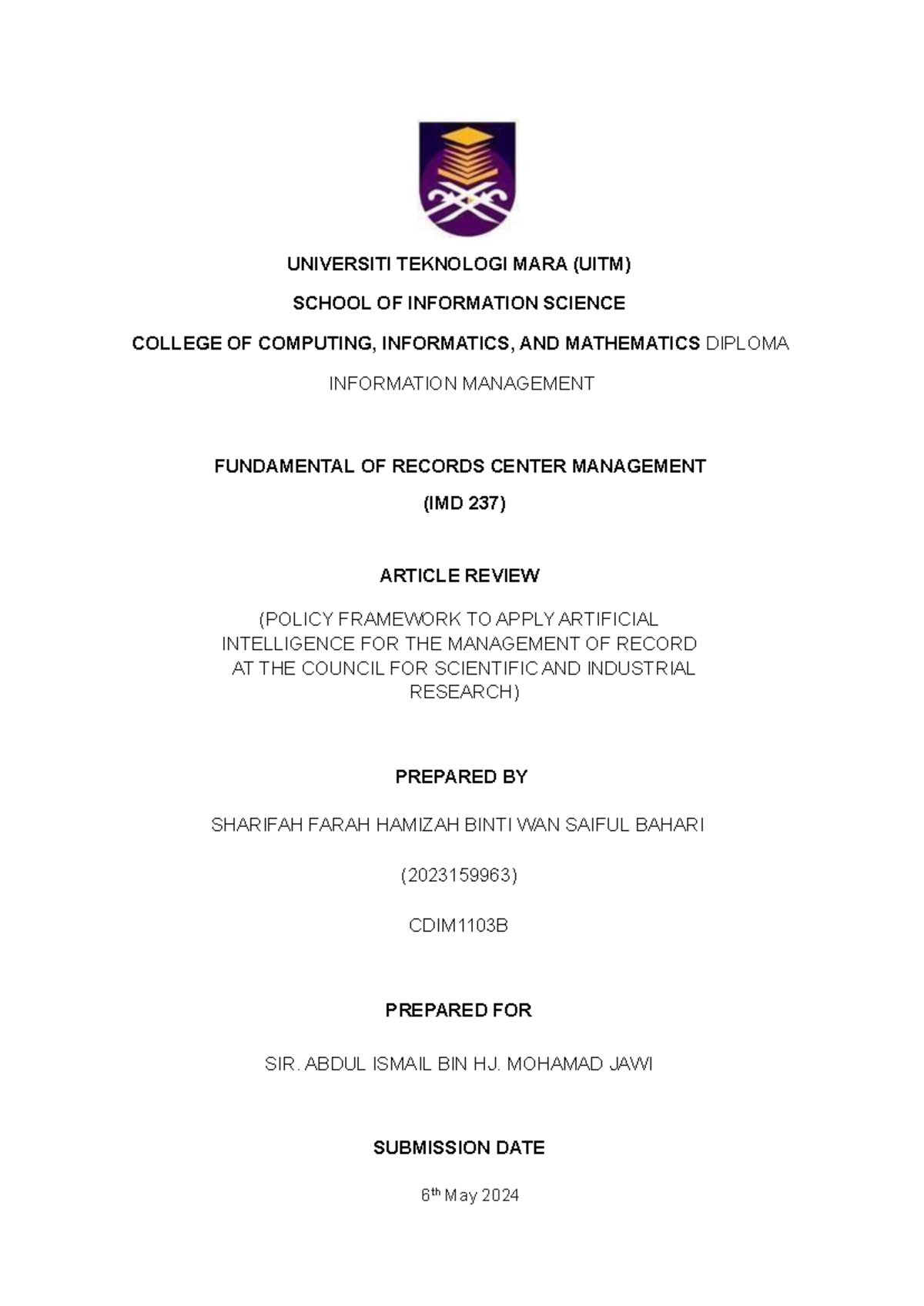 Article review Final - UNIVERSITI TEKNOLOGI MARA (UITM) SCHOOL OF ...