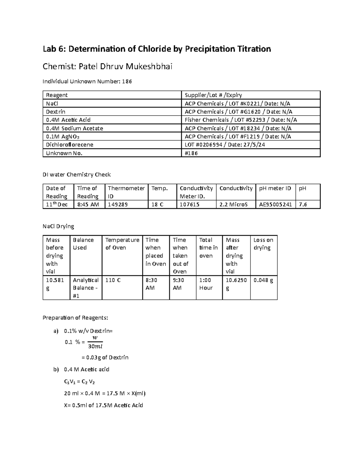 Lab 6 - ASSIGMENT - Lab 6: Determination of Chloride by Precipitation ...