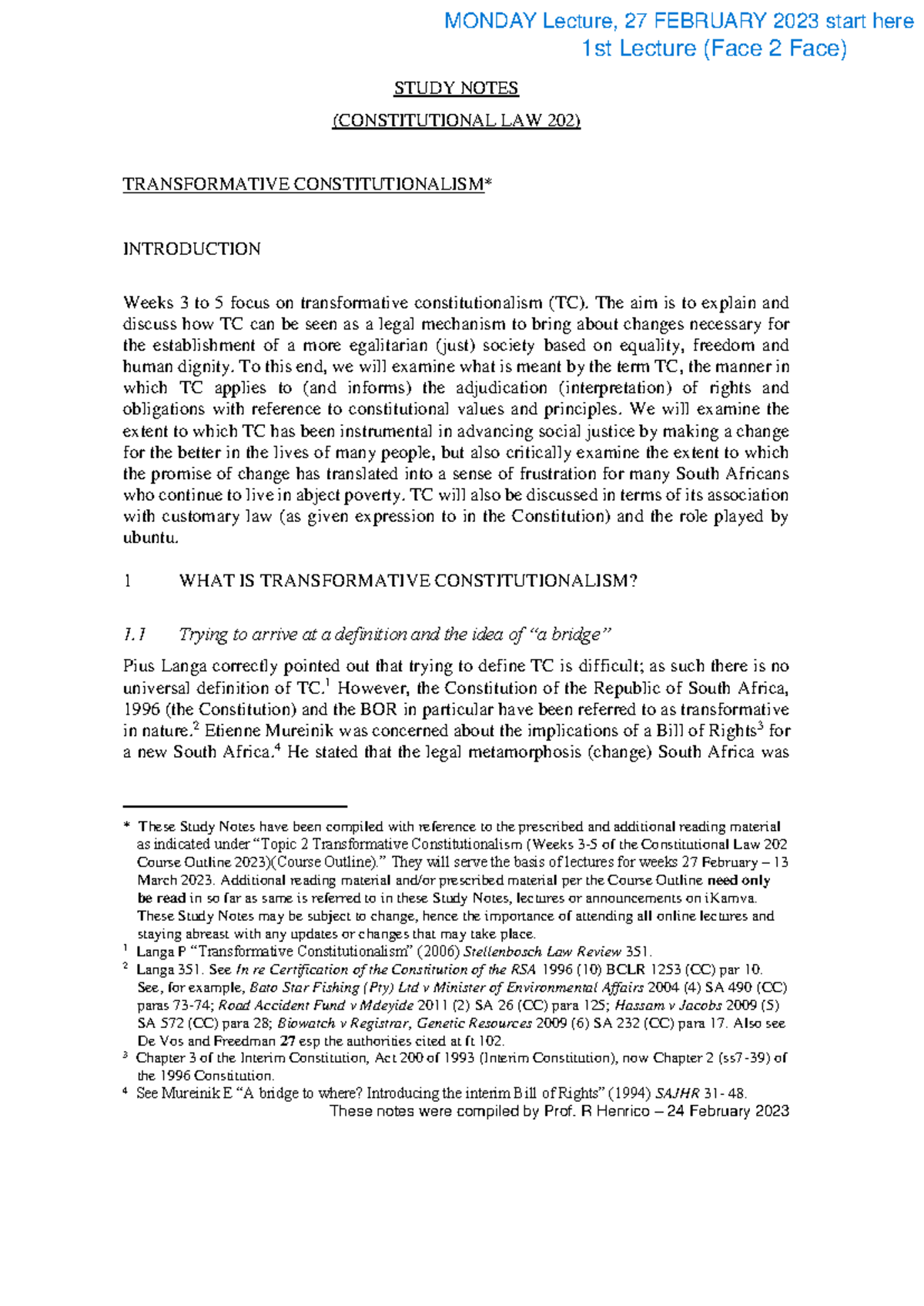 Study Notes Transformative Constitutionalism PROF R Henrico 24 FEB 2023 ...