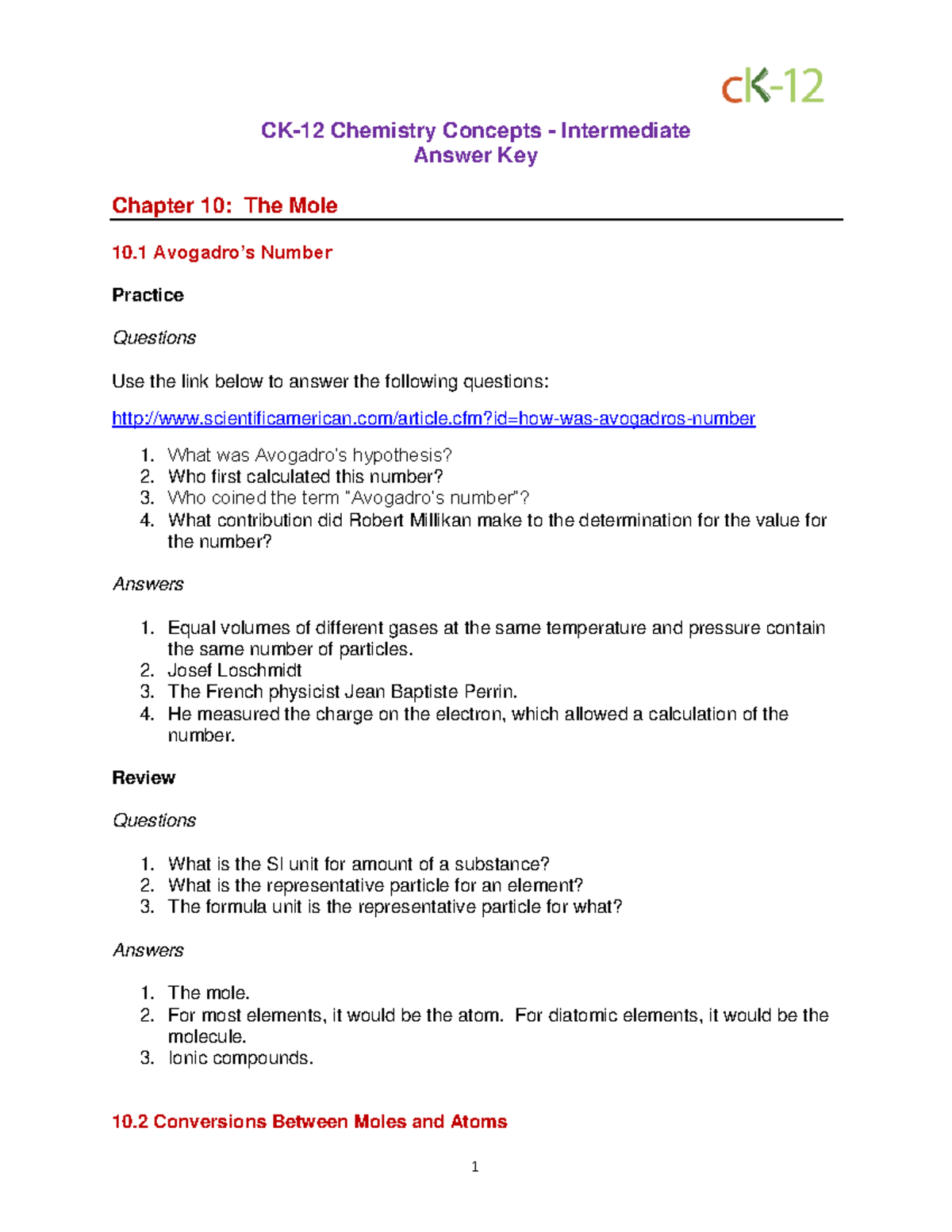 Chem Int CC Ch 10 - The Mole - Answers (09 - CK-12 Chemistry Concepts ...